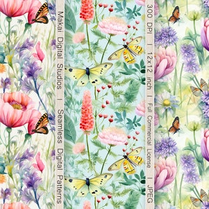 12 Seamless Digital Patterns, Watercolor Flowers and Butterflies, for ...