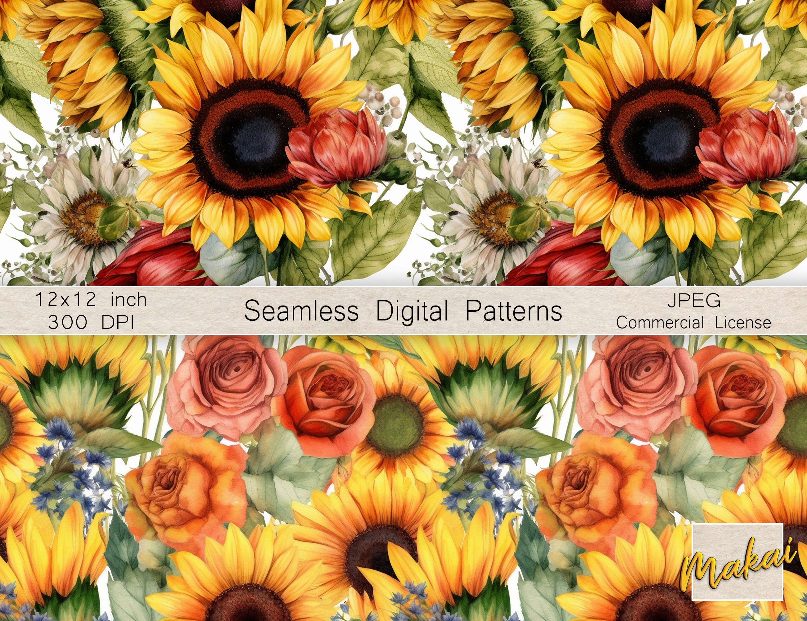 12 Seamless Digital Papers, Summer Sunflower Bouquets With Butterflies ...