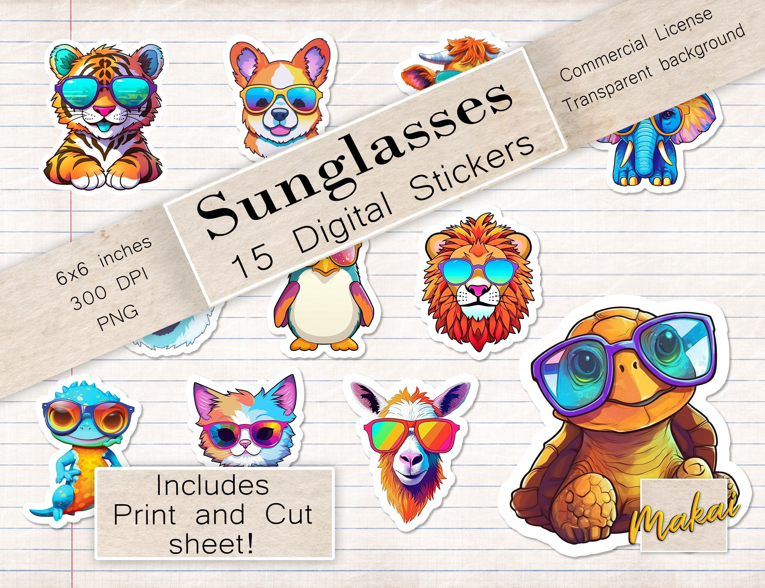 15 Printable Stickers, Instant Download, Cute Summer Animals, Digital ...