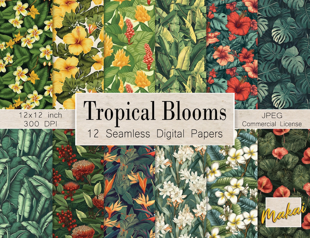 12 Seamless Digital Patterns, Summer Hawaii Tropical Flowers Patterns ...