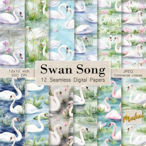 12 Digital Seamless Patterns, Watercolor Swans Repeating Background ...