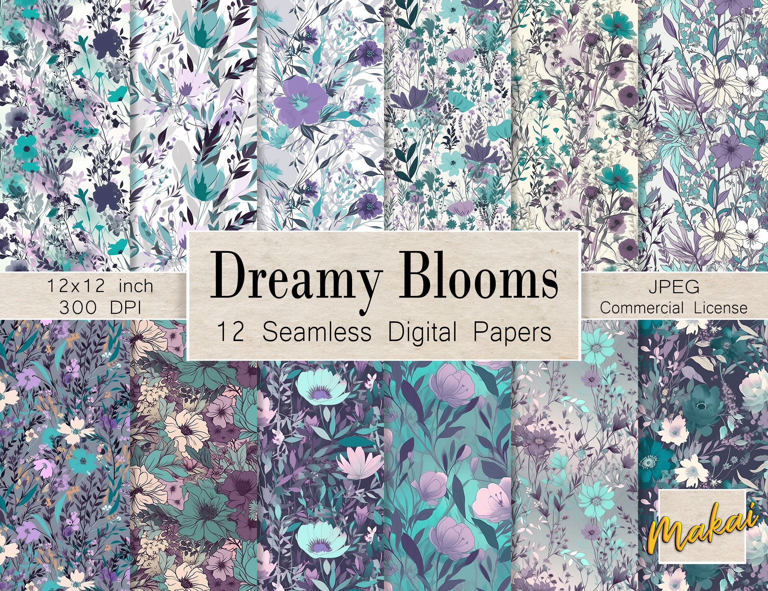 12 Seamless Digital Papers, Boho Teal and Purple Flowers, Use for Cards ...