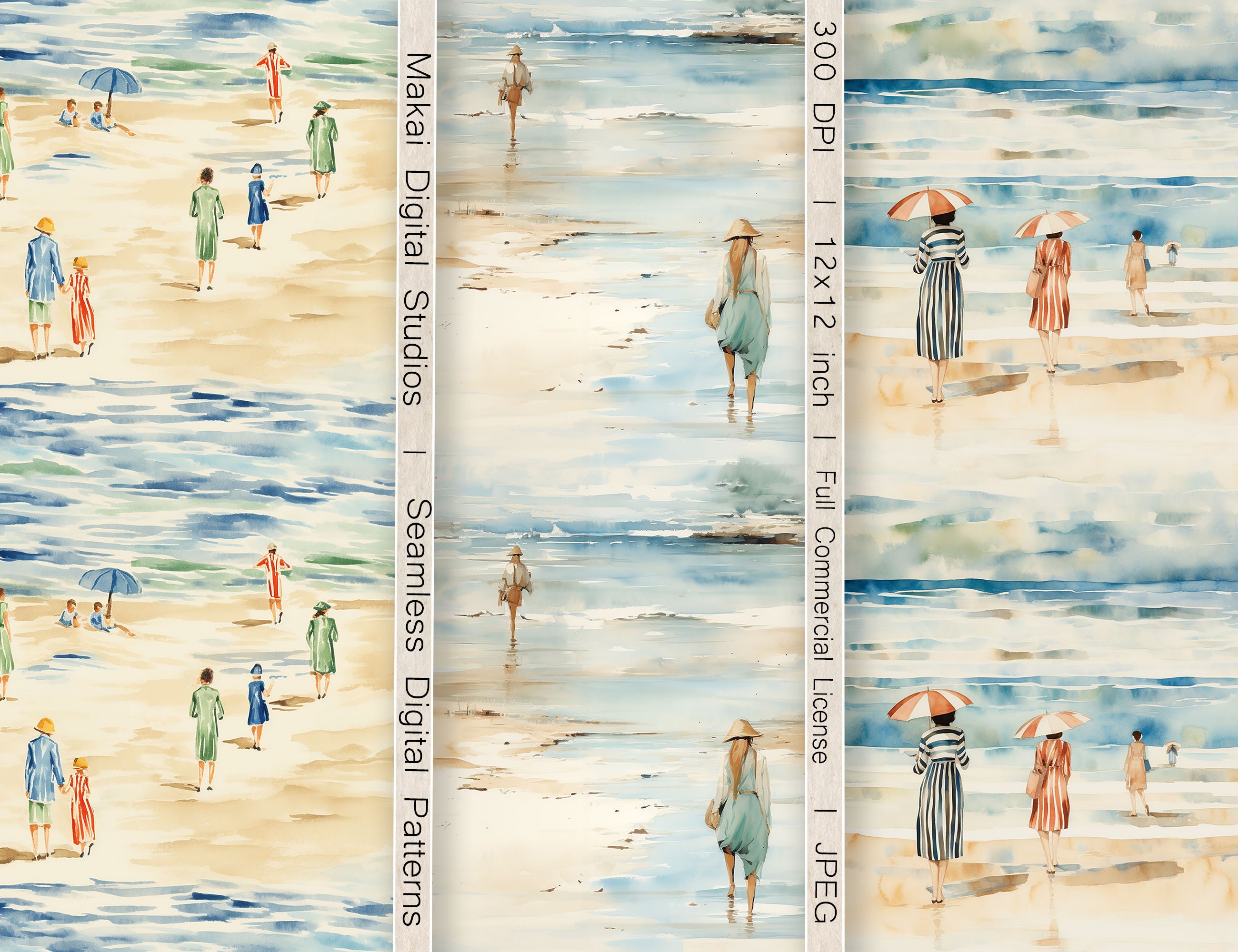 12 Seamless Digital Patterns, Watercolor Vintage Beach Walkers, Use for ...