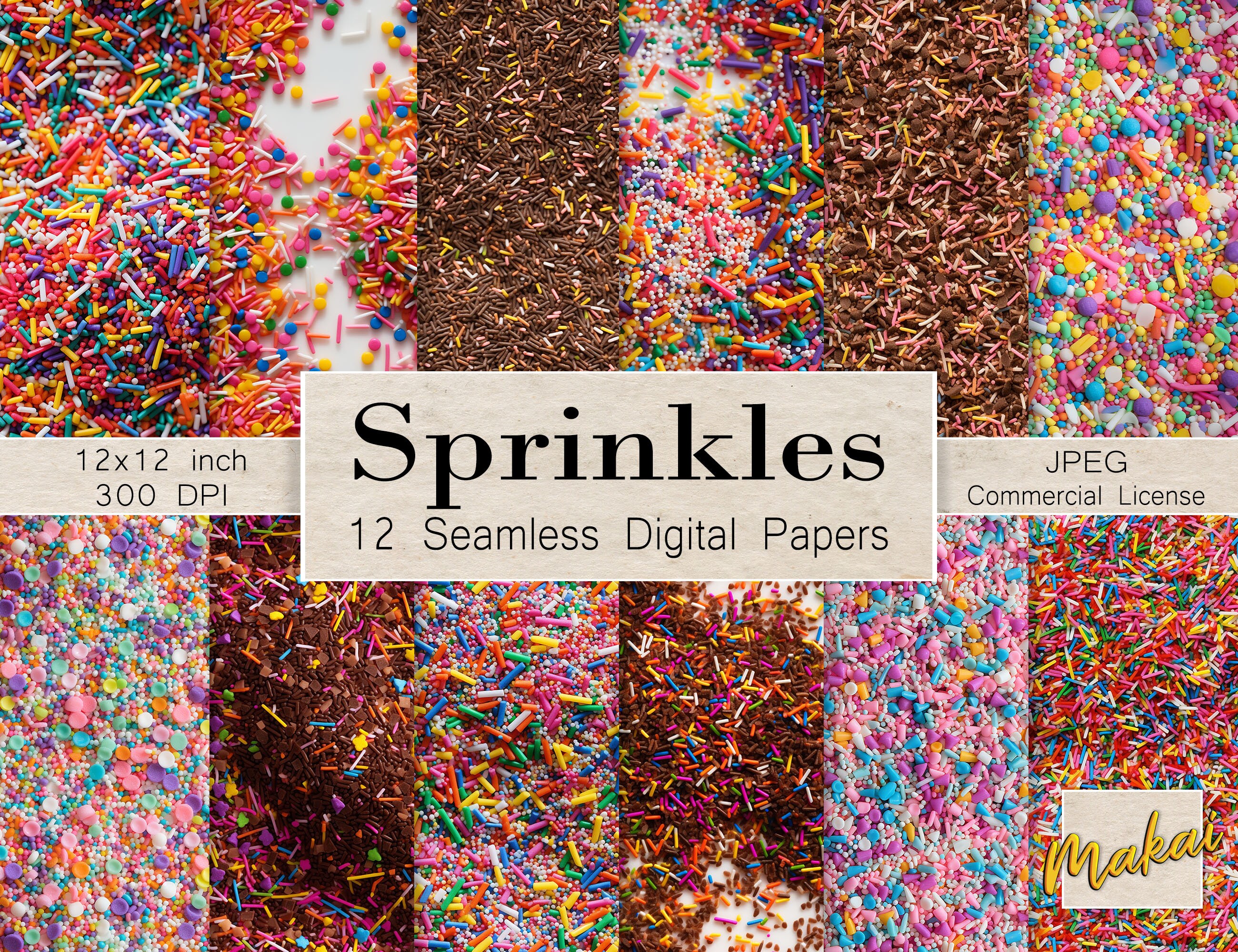 12 Seamless Digital Papers, Rainbow & Chocolate Sprinkles, for Cards ...
