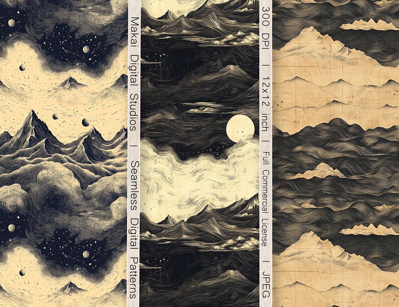 12 Moody Mountain Seamless Patterns: Japandi Celestial Landscape ...