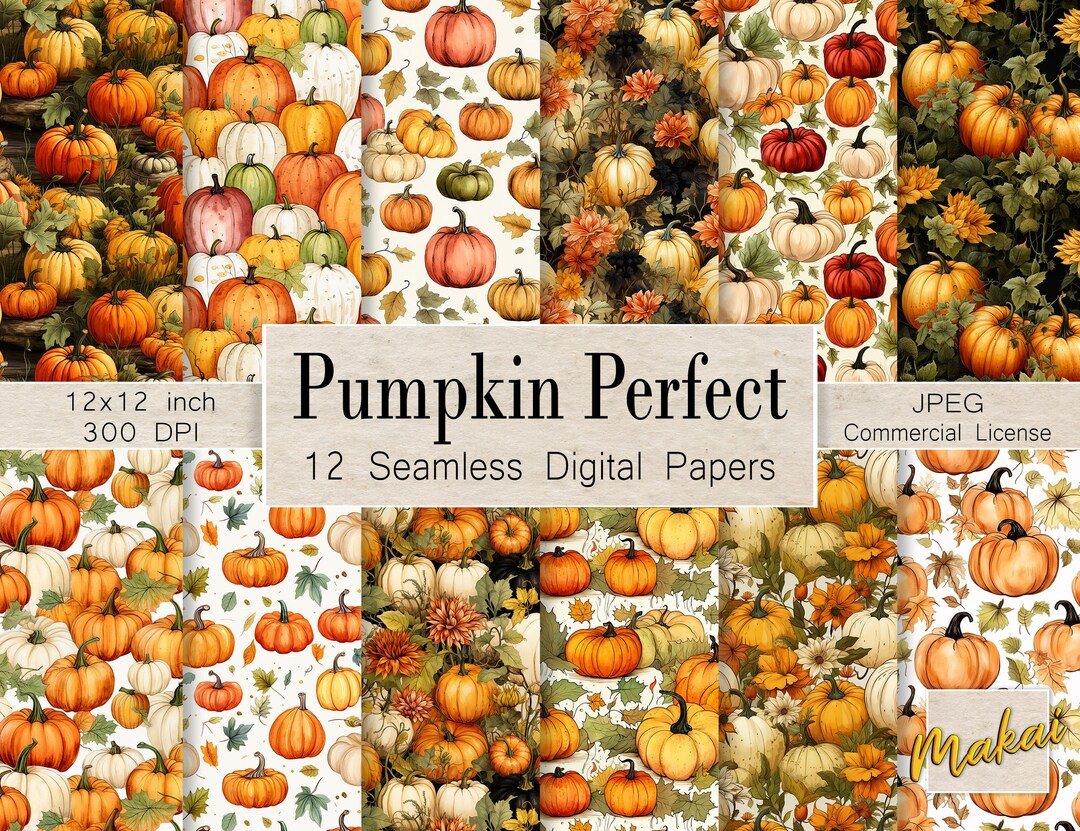 Watercolor Pumpkin Seamless Patterns: Fall Digital Paper (commercial ...