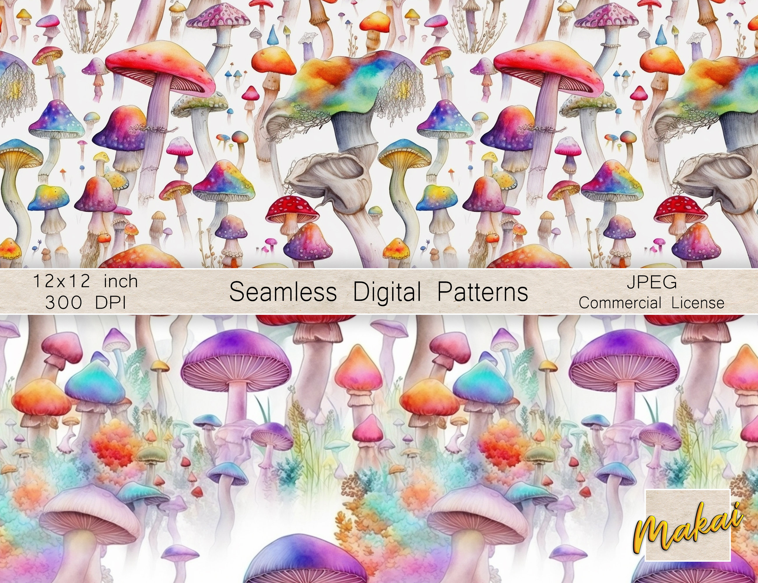 12 Seamless Digital Papers, Fantasy Mushrooms, Use for Cards ...