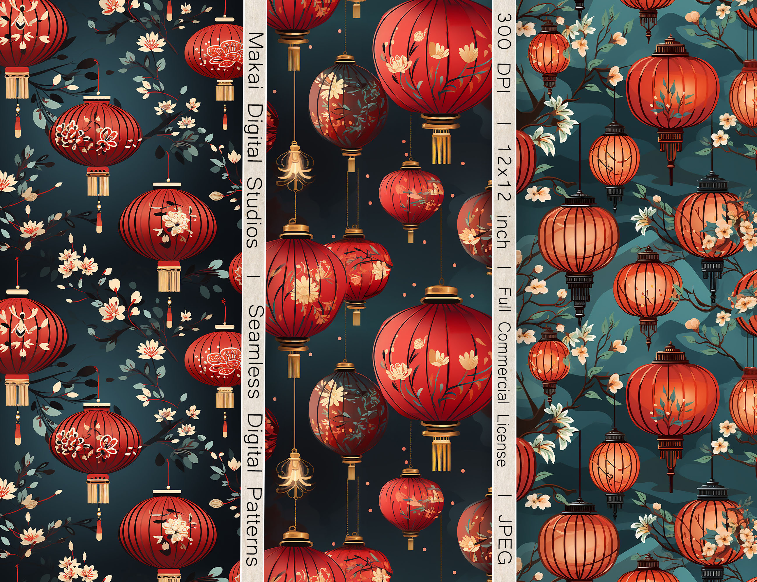 12 Seamless Digital Patterns, Chinese New Year Lanterns, Use for Cards ...