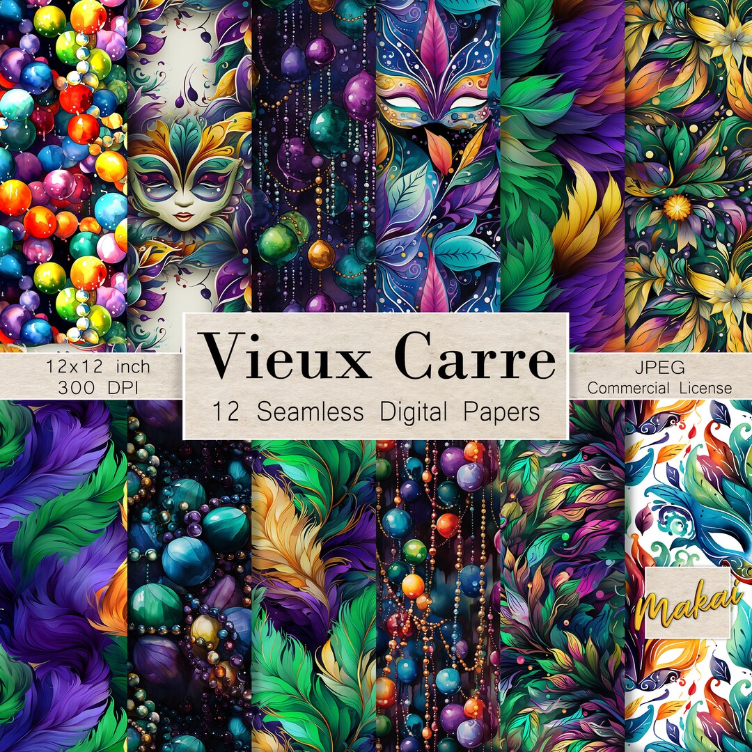12 Seamless Digital Patterns, Watercolor Mardi Gras Backgrounds for ...