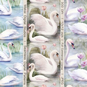 12 Digital Seamless Patterns, Watercolor Swans Repeating Background ...