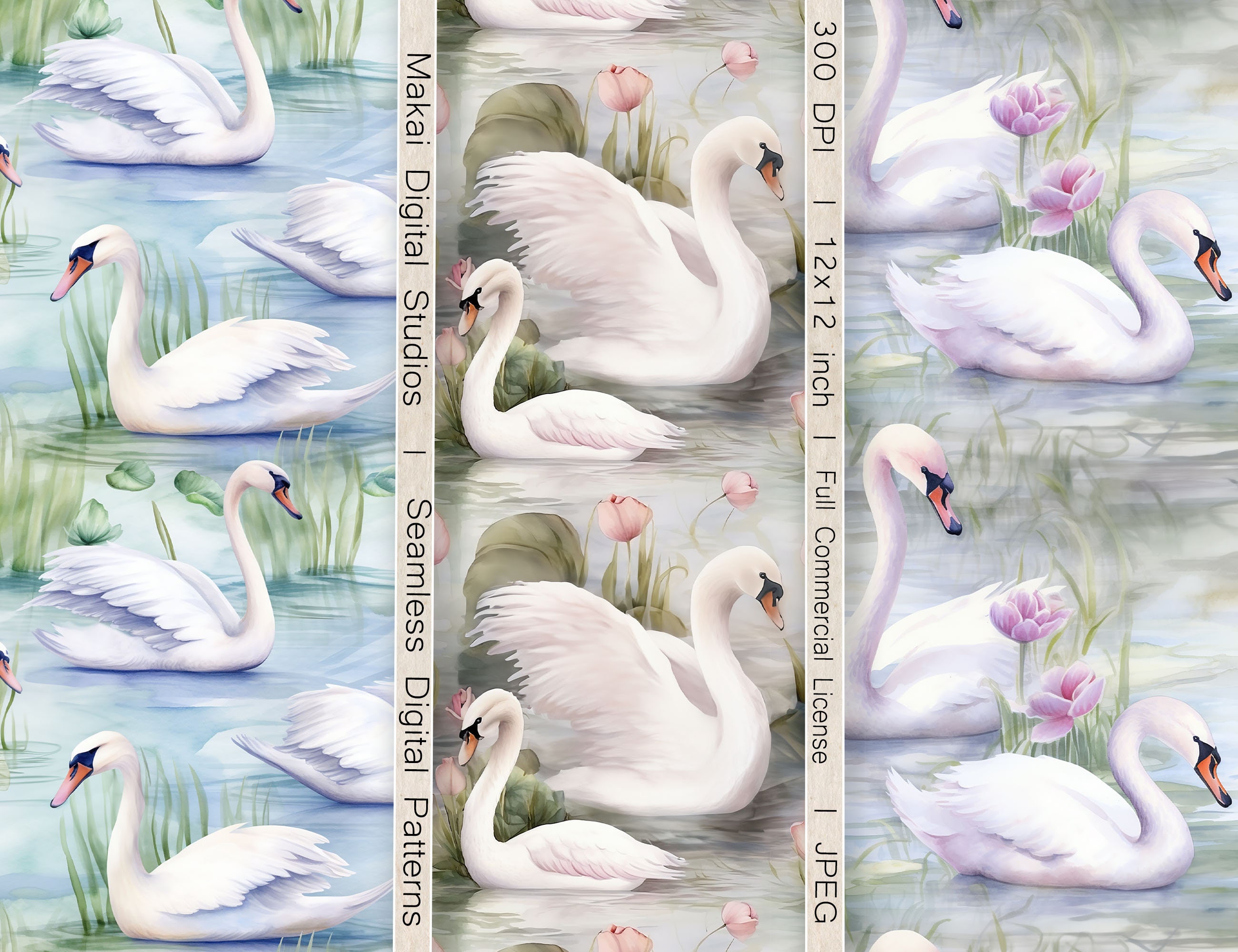 12 Digital Seamless Patterns, Watercolor Swans Repeating Background ...