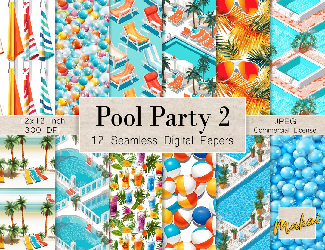 12 Seamless Digital Patterns, Summer Pool Party, Use for Invitations ...