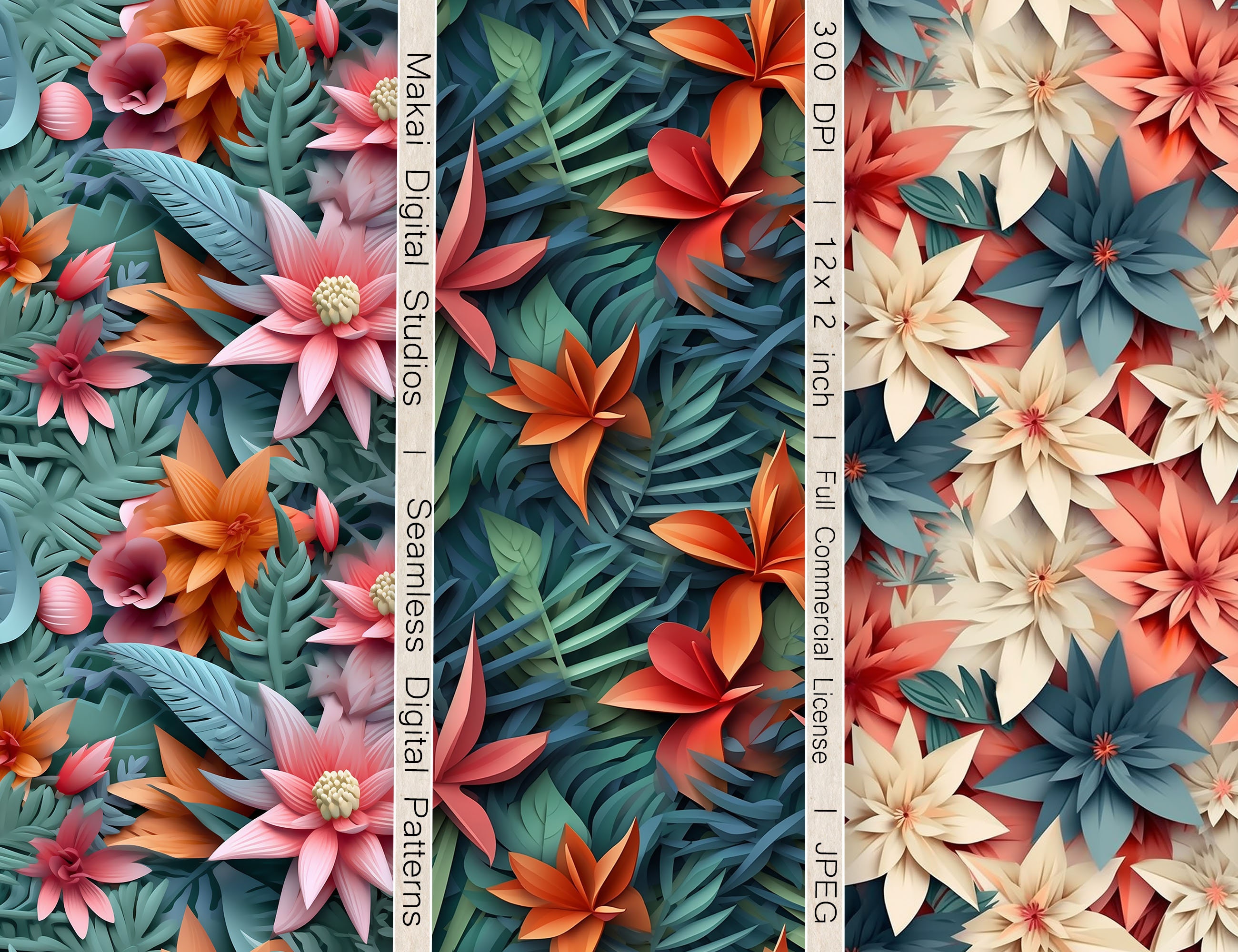 12 Seamless Digital Papers 3d Paper Craft Summer Flowers Use - Etsy