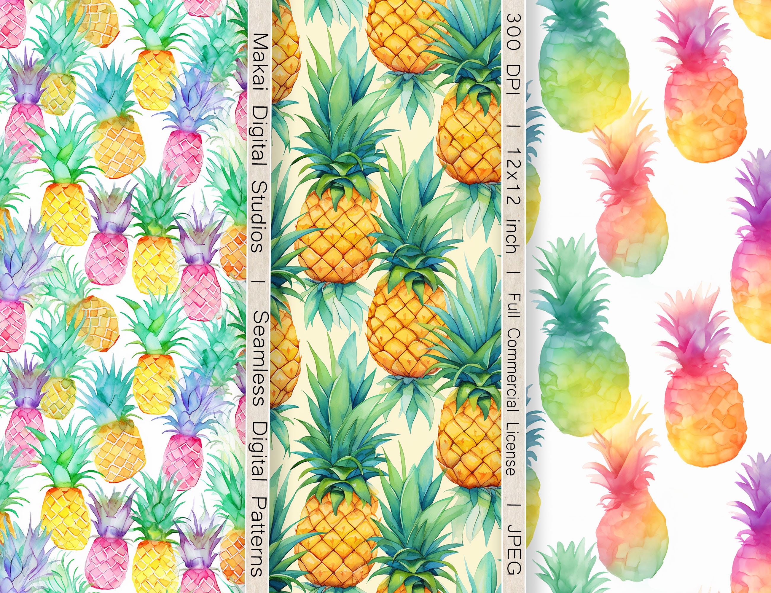 12 Seamless Digital Patterns, Watercolor Hawaiian Pineapples, Use for ...