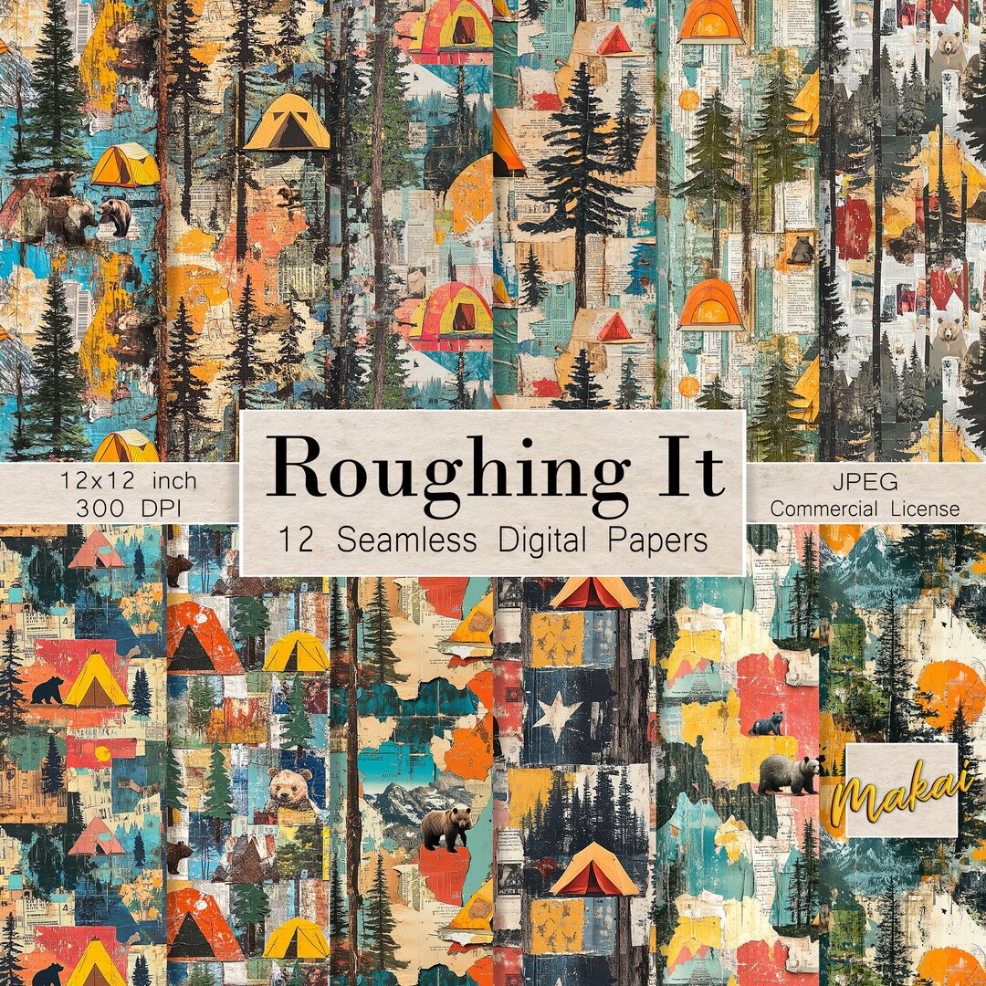 12 Camping Digital Paper, Rustic Background, Tent Camp Seamless Pattern ...