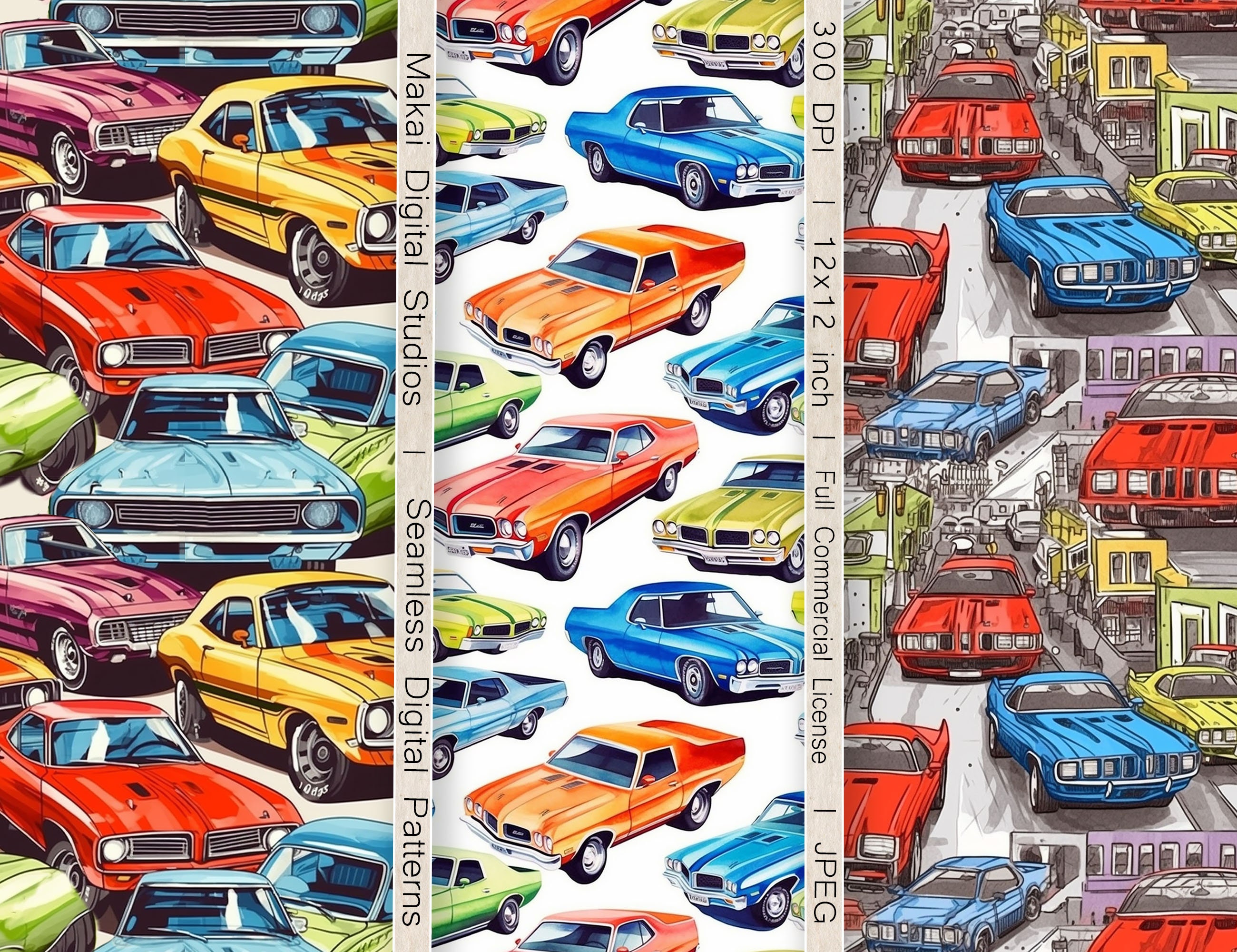 12 Seamless Digital Patterns, Classic Muscle Cars Use for Invitations ...