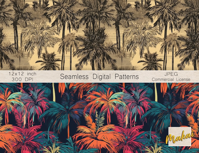 12 Seamless Digital Patterns, Vintage Palm Tree Patterns, Use for ...