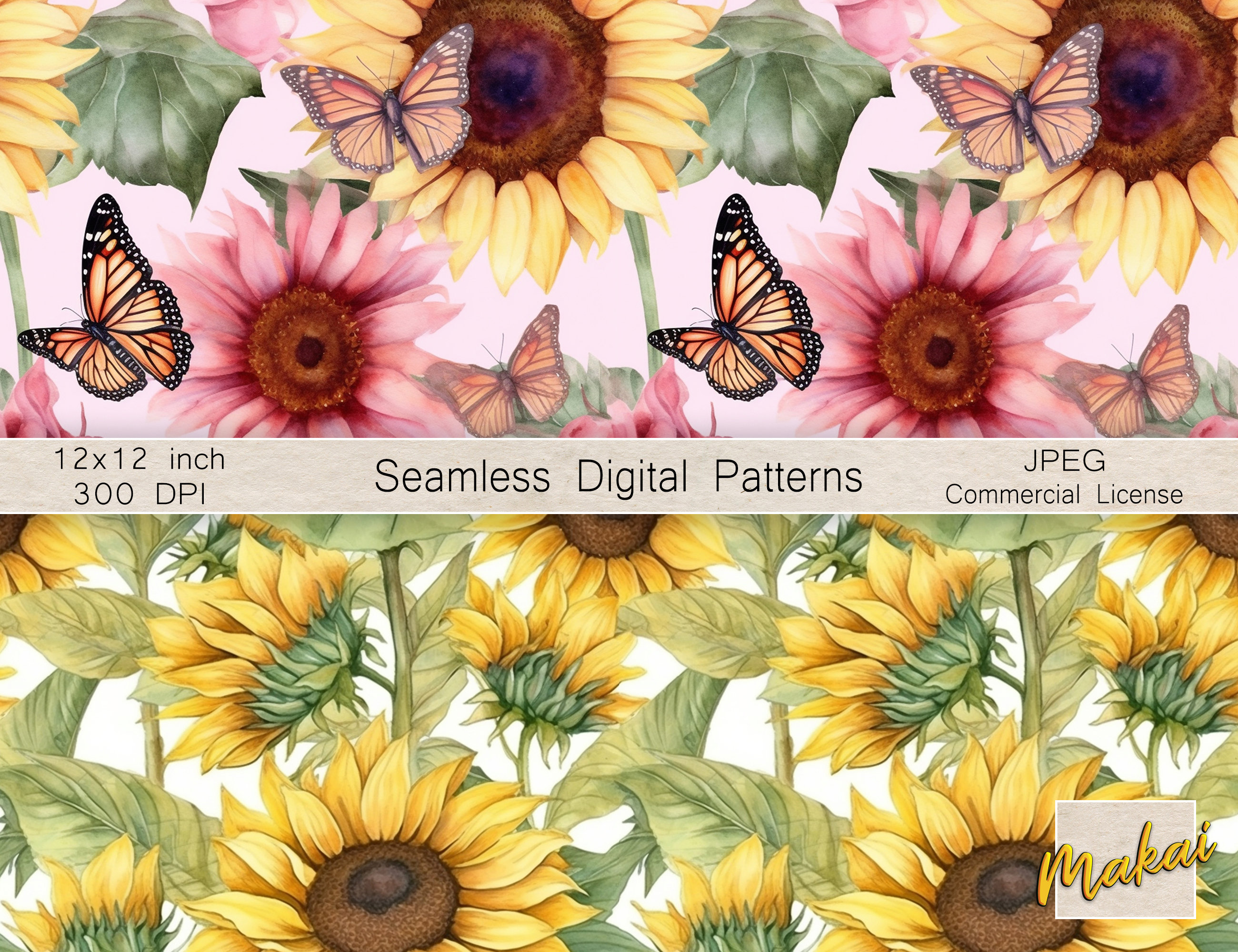 12 Seamless Digital Papers, Summer Sunflower Bouquets With Butterflies ...