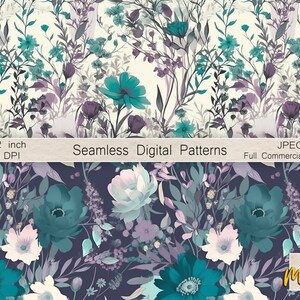 12 Seamless Digital Papers, Boho Teal and Purple Flowers, Use for Cards ...