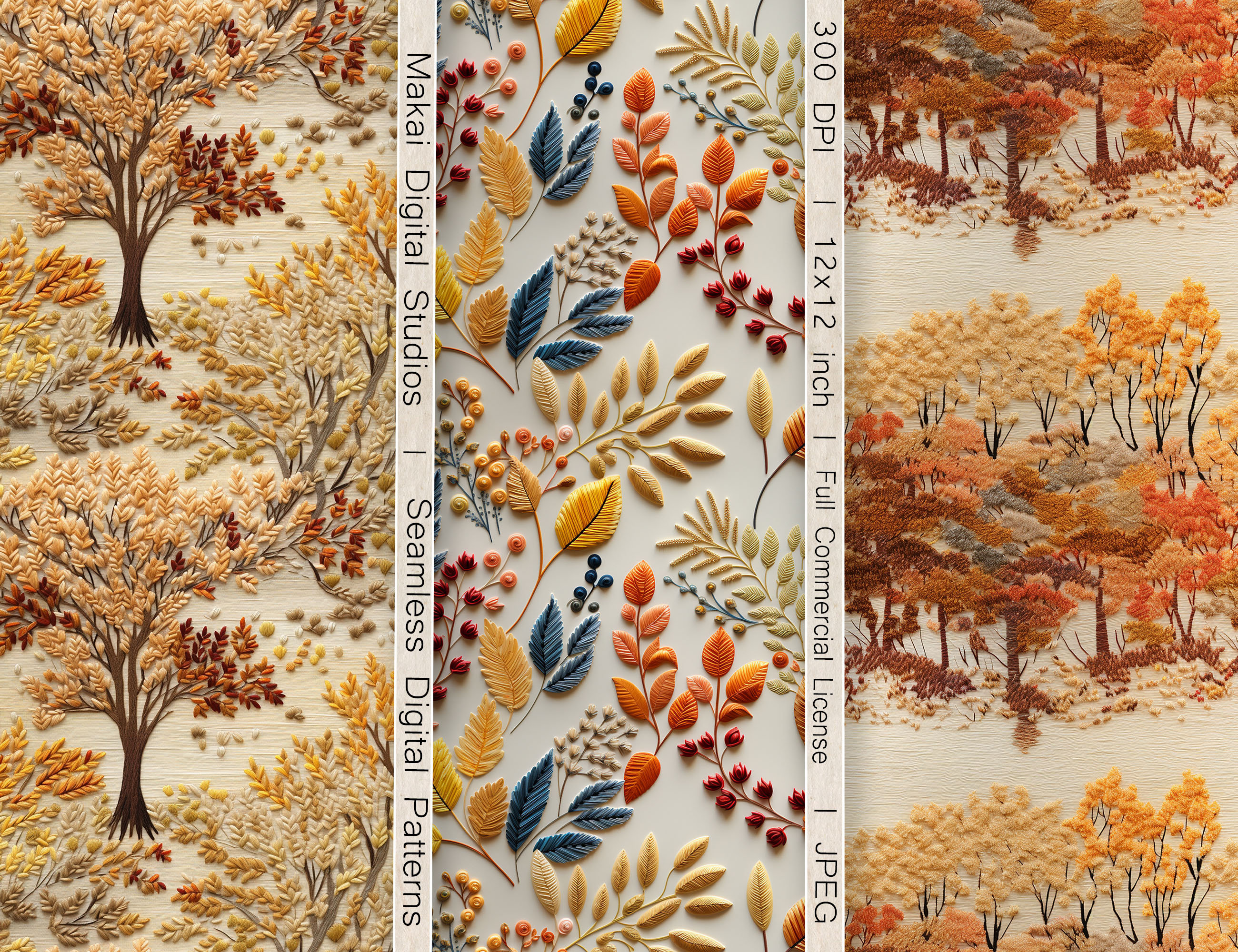Embroidered Fall Leaves & Trees Seamless Patterns, 12 Seamless Digital ...