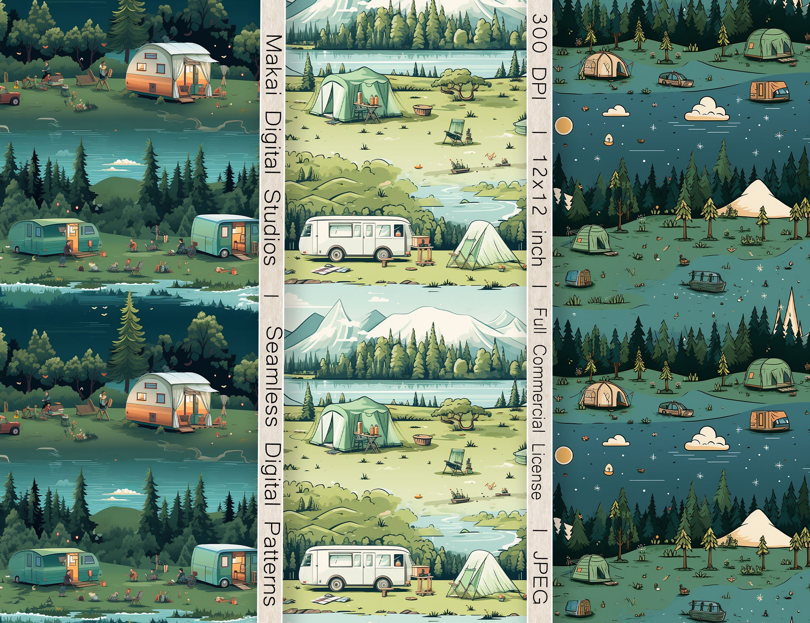 12 Digital Seamless Patterns, Graphics of Summer & Fall Camping, for ...