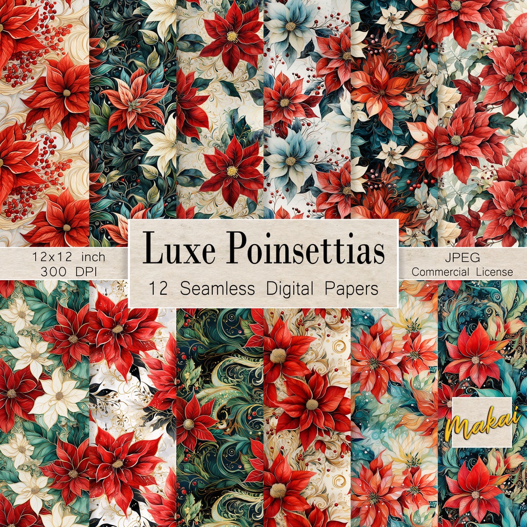 Christmas Poinsettia Seamless Designs, 12 Seamless Papers, for Fabric ...