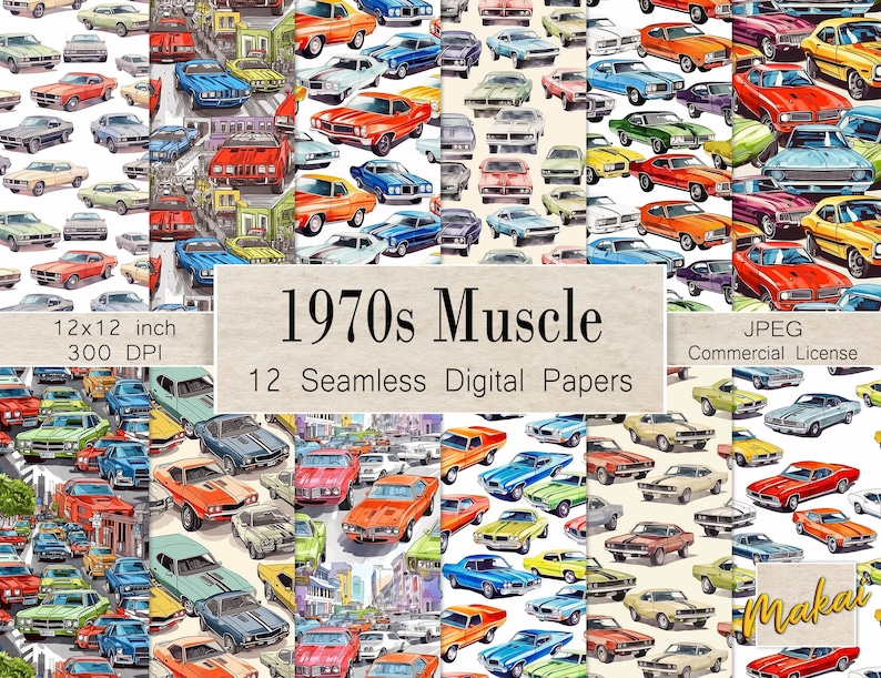 12 Seamless Digital Patterns, Classic Muscle Cars Use for Invitations ...