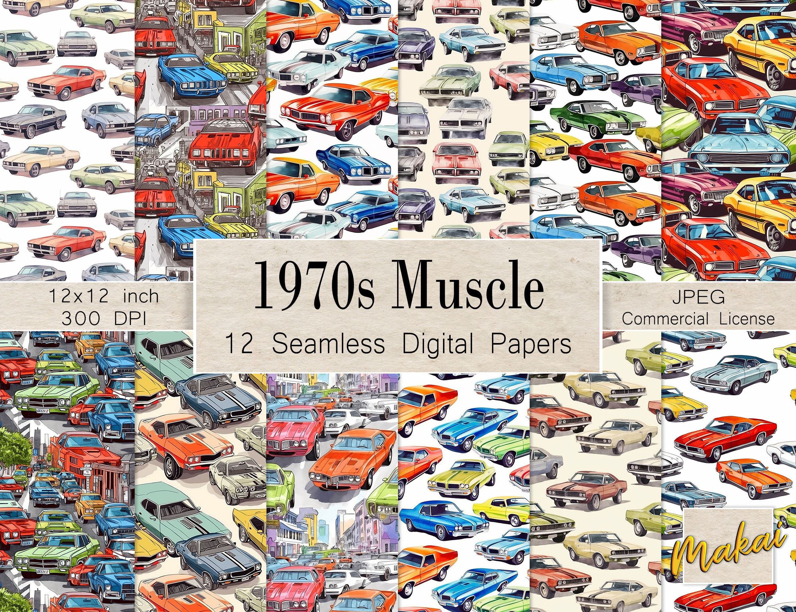 12 Seamless Digital Patterns, Classic Muscle Cars Use for Invitations ...
