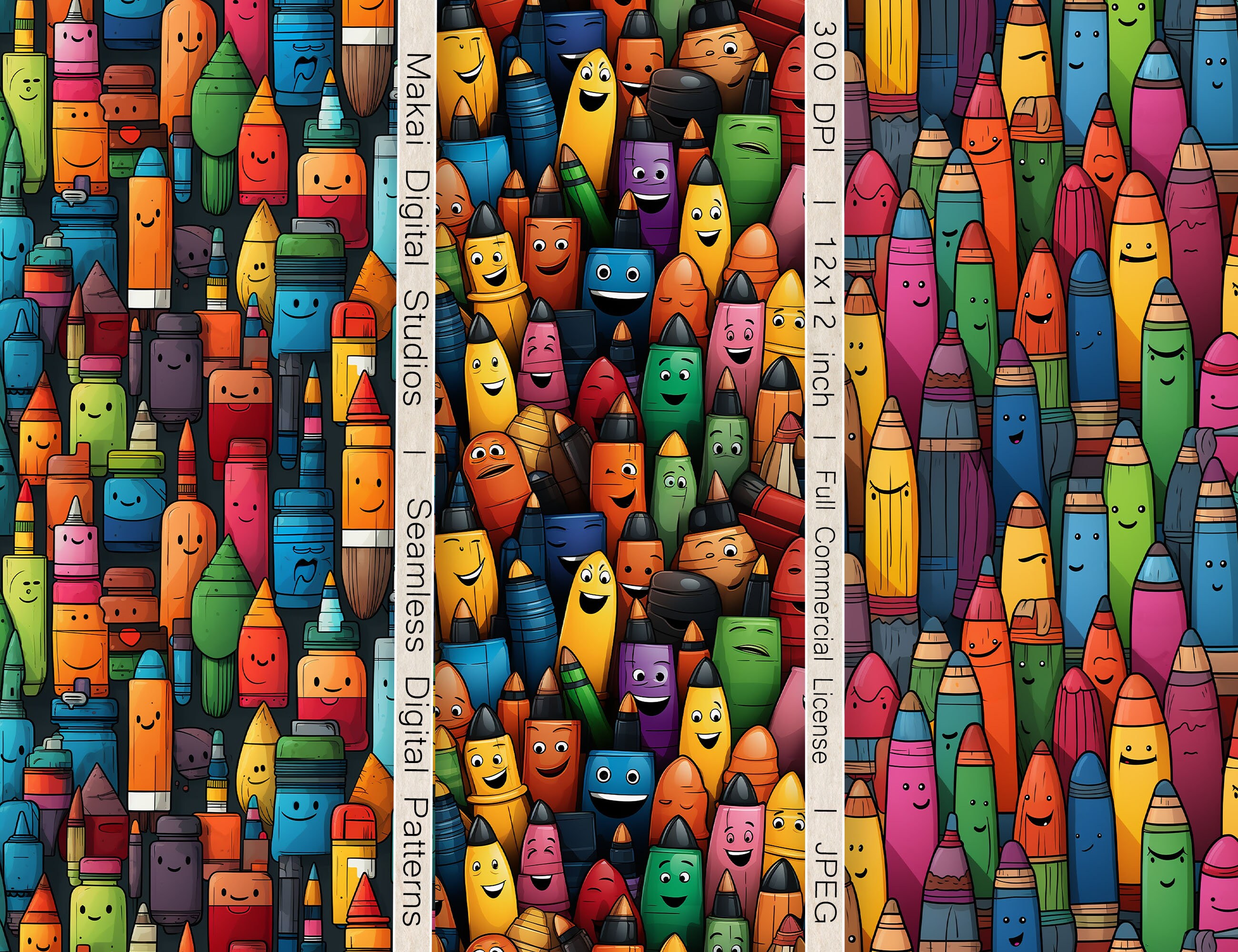 12 Digital Seamless Patterns, Cartoon Crayons for Back to School. for ...