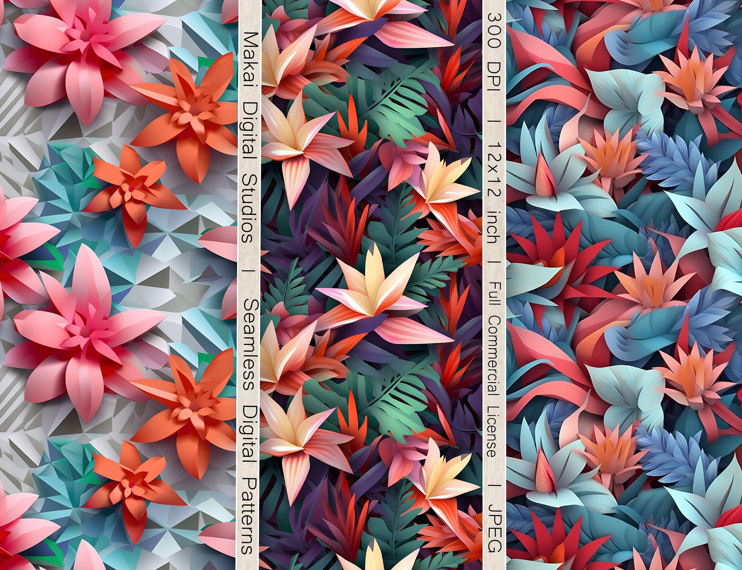 12 Seamless Digital Papers 3d Paper Craft Summer Flowers Use - Etsy