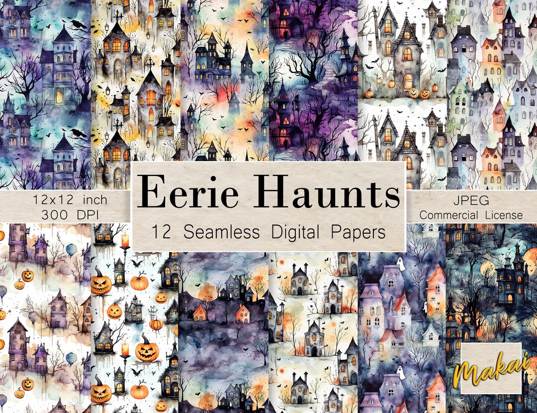 Watercolor Halloween Haunted Houses, 12 Seamless Digital Patterns ...