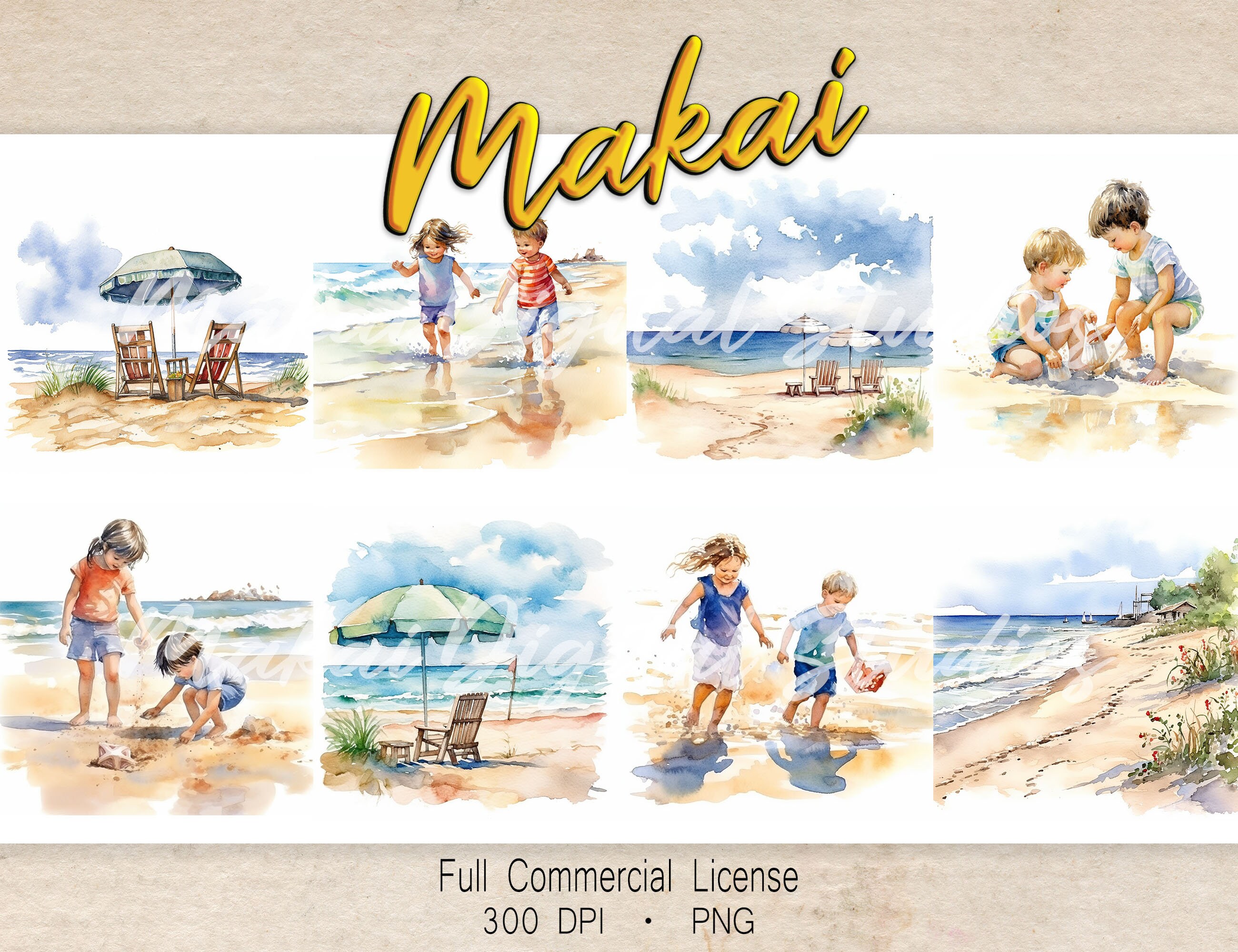 20 Clip Art Graphics, Watercolor Beach Clipart, Instant Download, Full ...