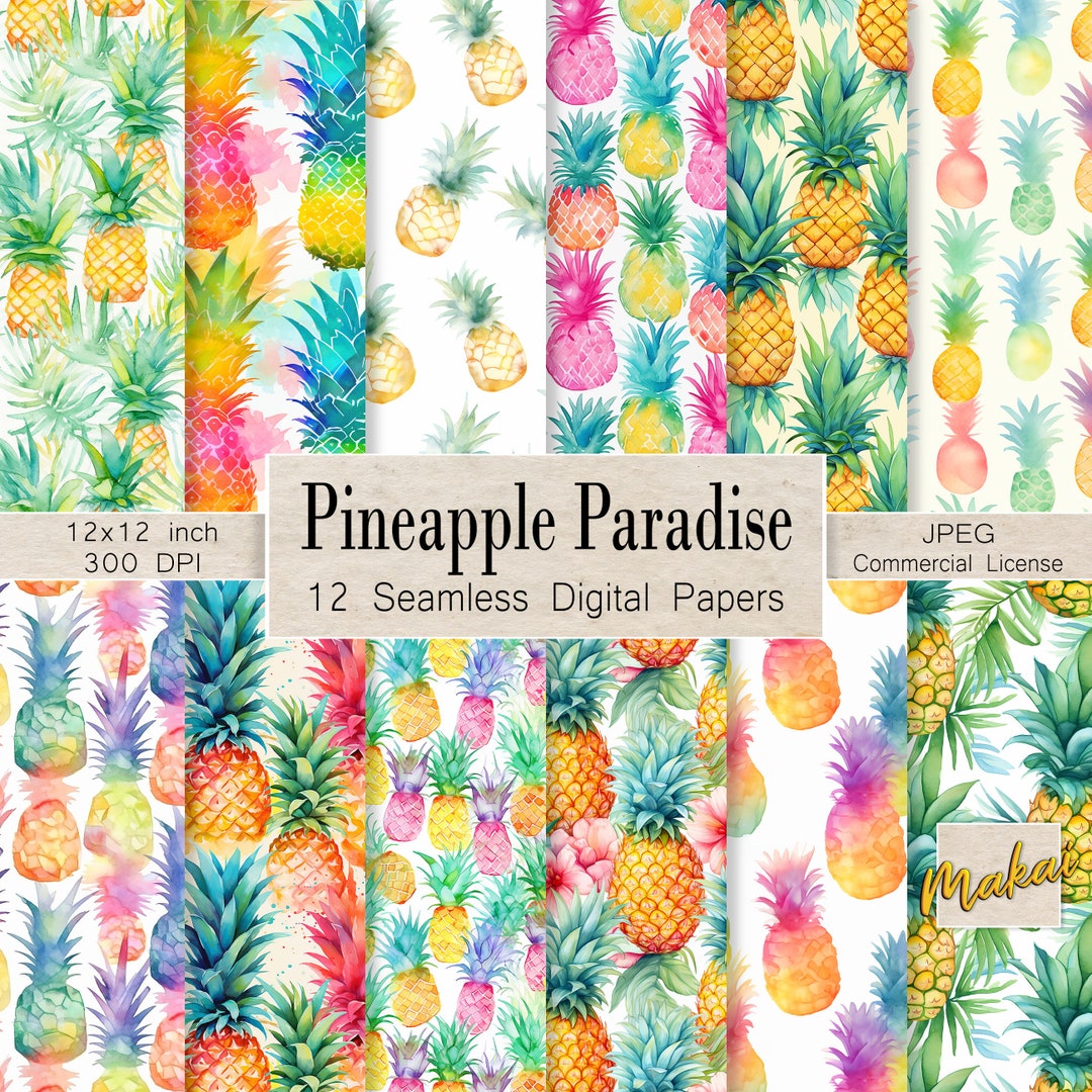 12 Seamless Digital Patterns, Watercolor Hawaiian Pineapples, Use for ...