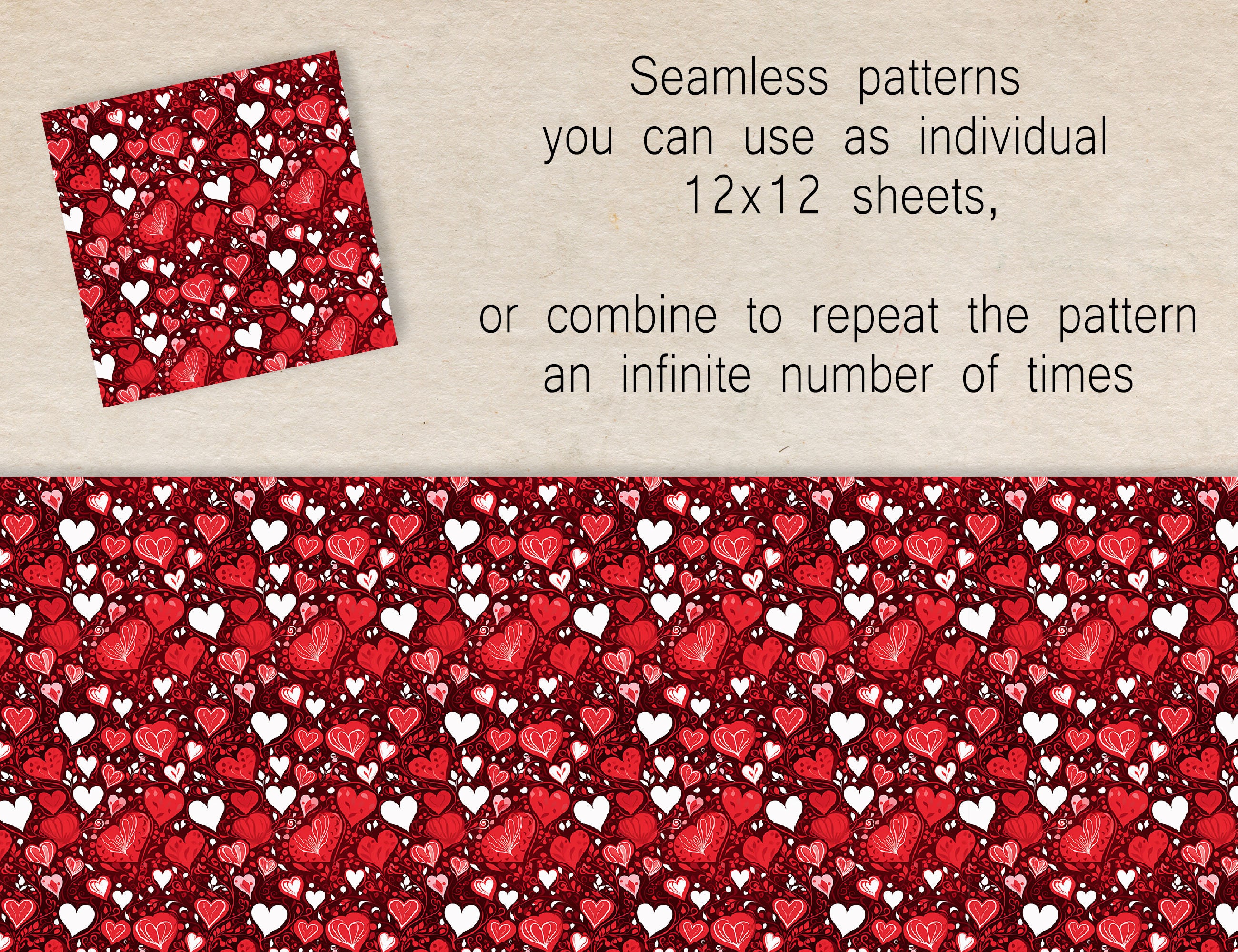 12 Seamless Digital Patterns, Red Valentine Heart Backgrounds, Use for ...