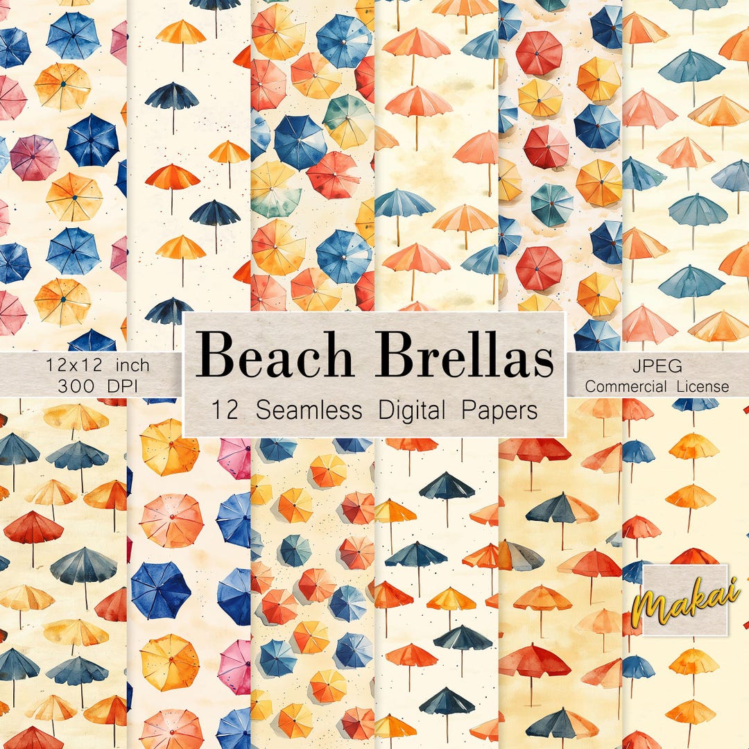 12 Beach Umbrella Seamless Patterns: Watercolor Coastal Designs ...