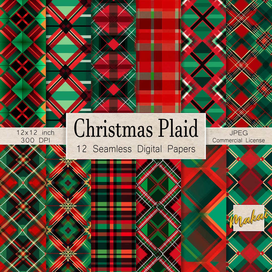 12 Digital Repeating Backgrounds, Dramatic Red Green Christmas Plaids ...