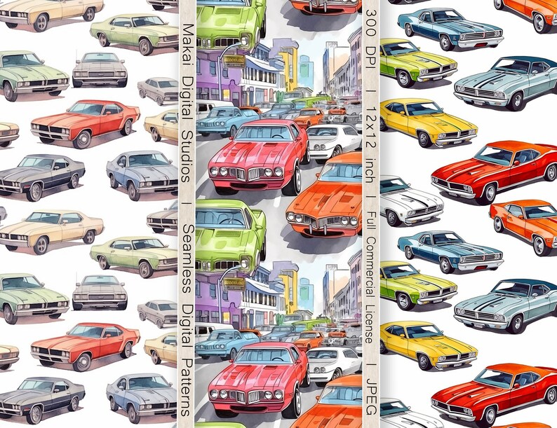 12 Seamless Digital Patterns, Classic Muscle Cars Use for Invitations ...