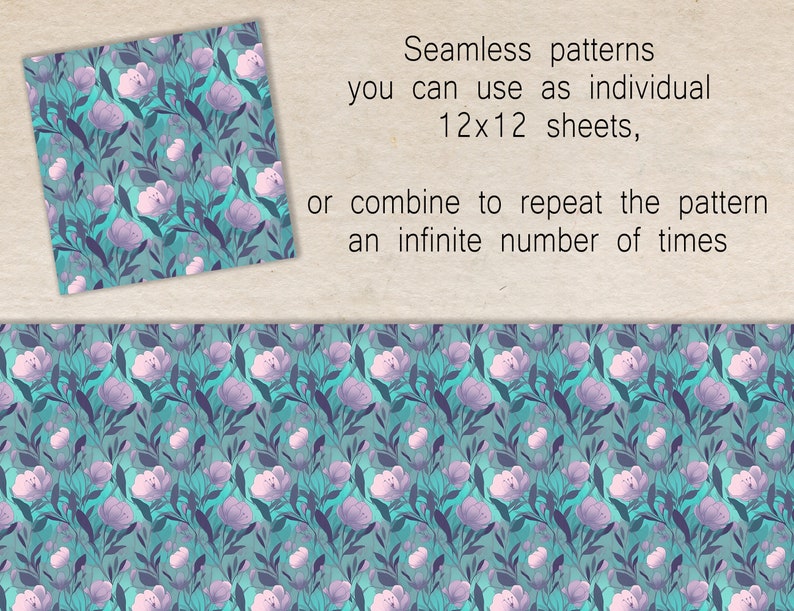 12 Seamless Digital Papers, Boho Teal and Purple Flowers, Use for Cards ...
