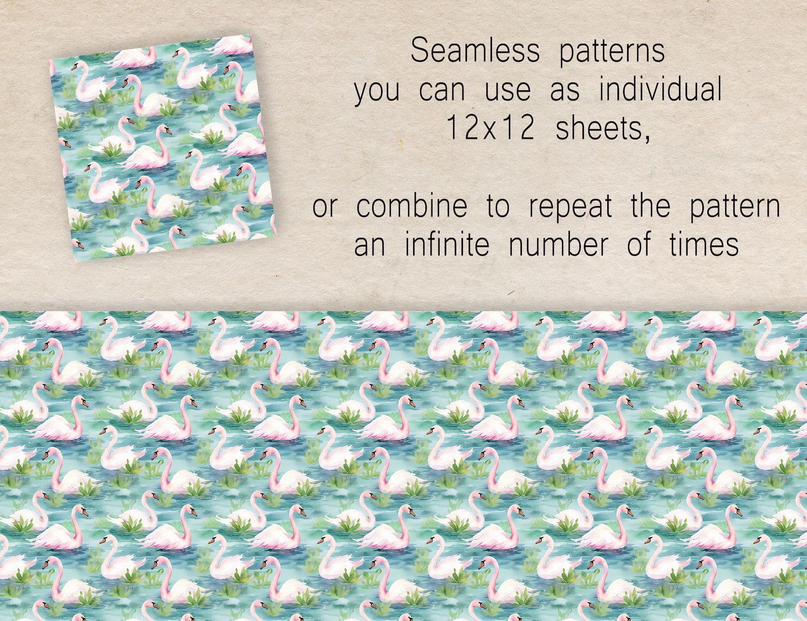 12 Digital Seamless Patterns, Watercolor Swans Repeating Background ...