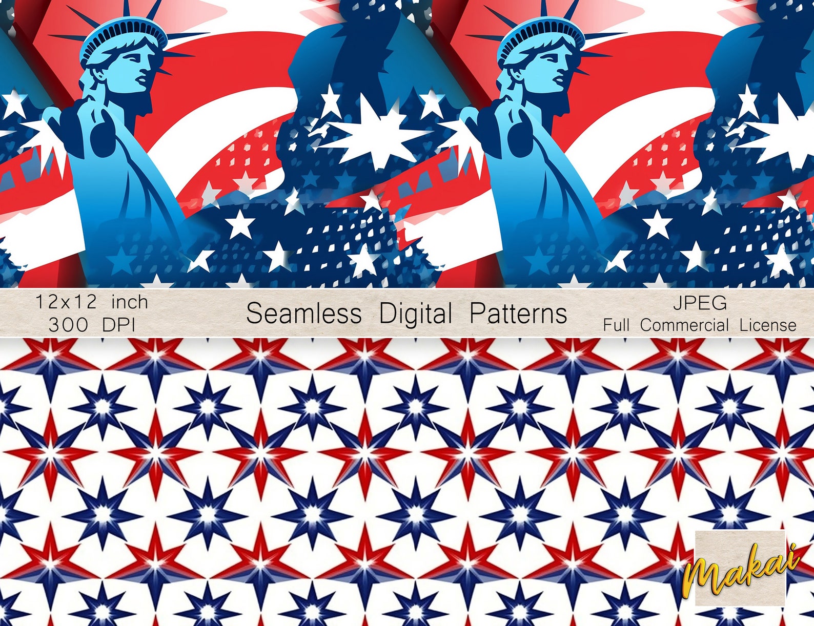 12 Seamless Digital Patterns, Patriotic Independence Day, Use for Cards ...