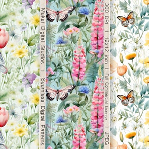 12 Seamless Digital Patterns, Watercolor Flowers and Butterflies, for ...