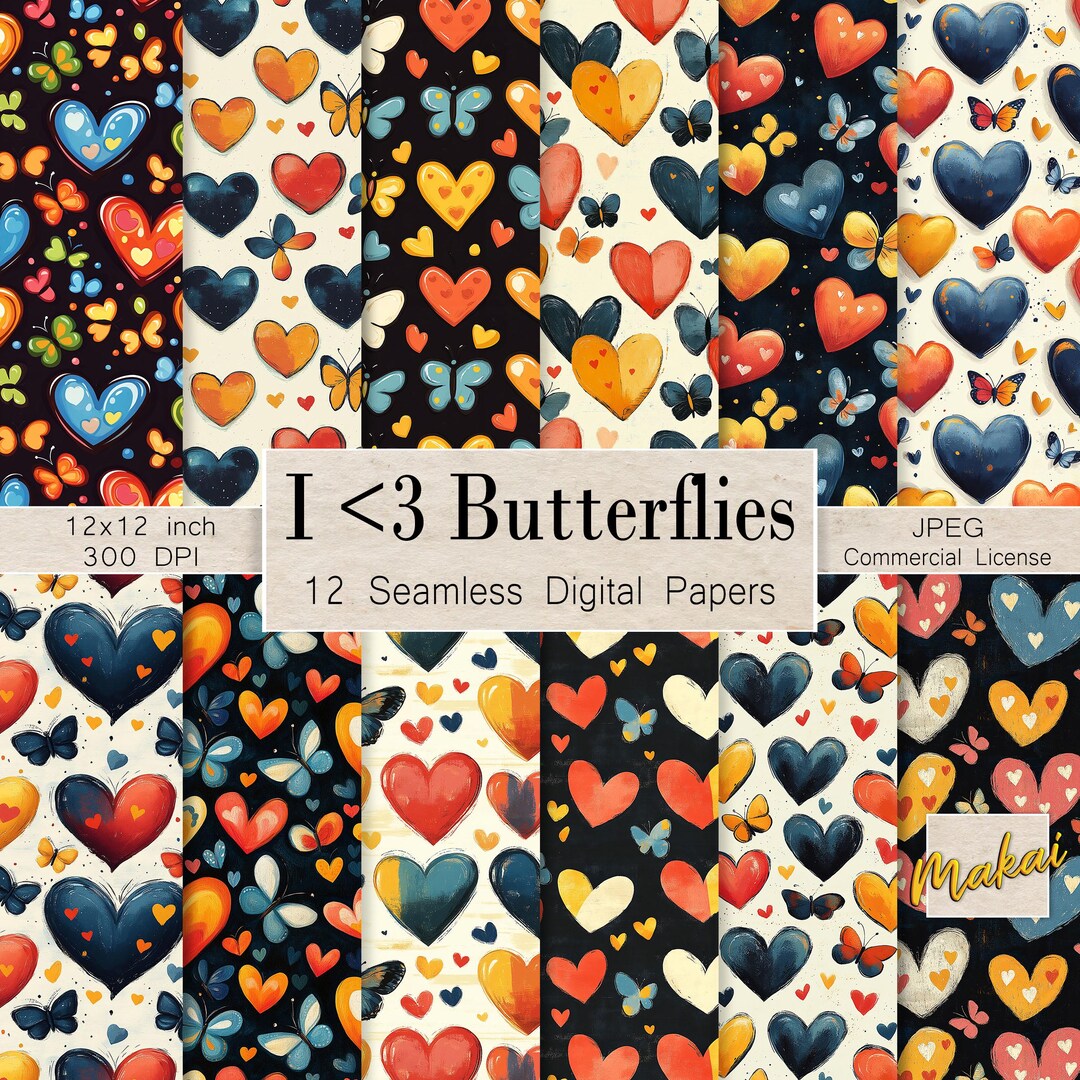 12 Digital Repeating Backgrounds, Cartoon Butterflies and Hearts for ...