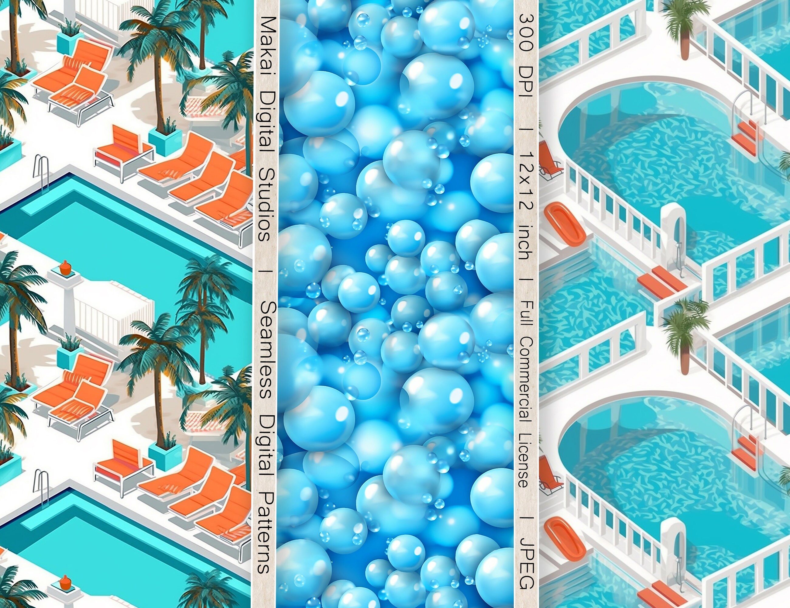 12 Seamless Digital Patterns, Summer Pool Party, Use for Invitations ...