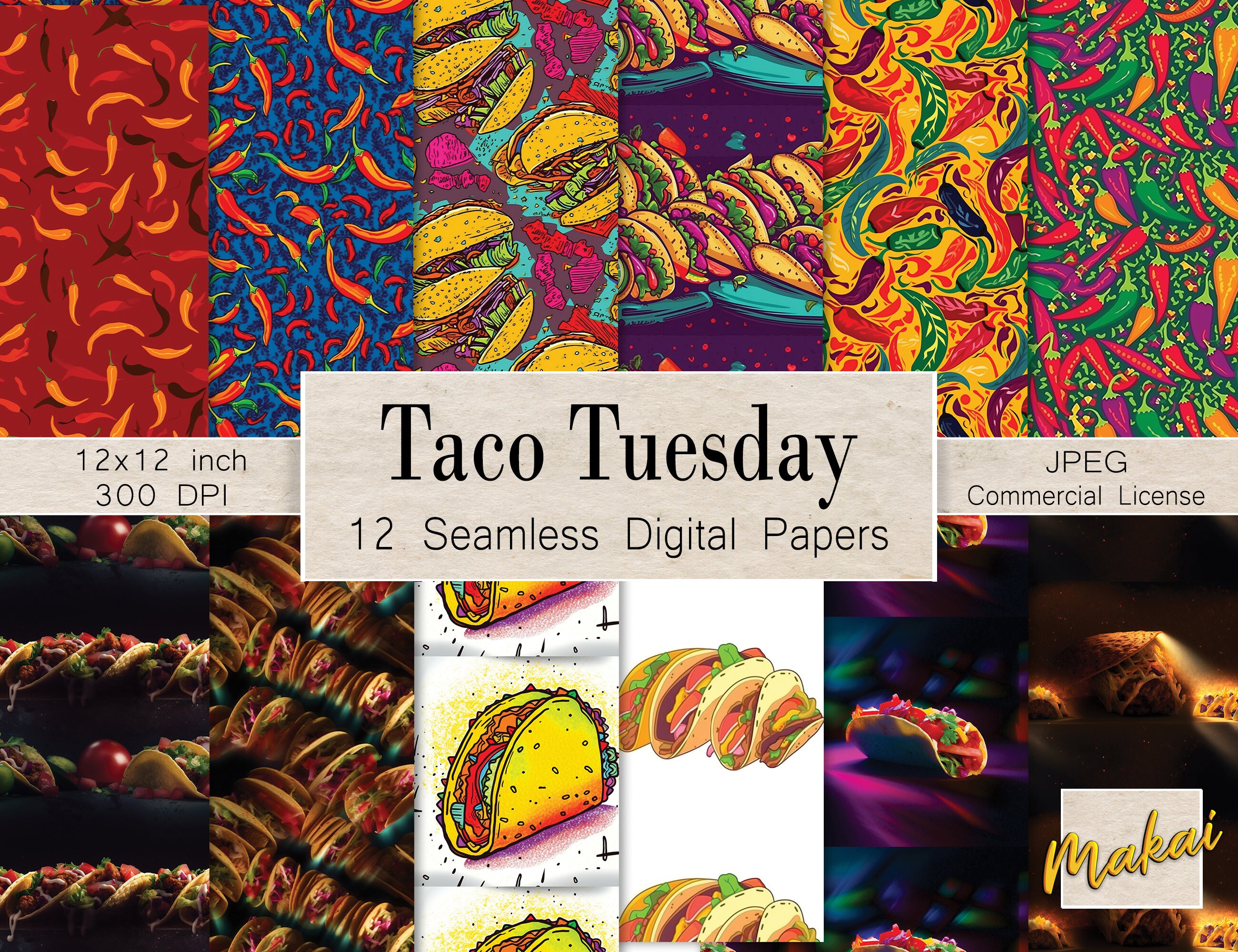 12 Seamless Digital Patterns, Seamless Taco Pattern, Use for Journals ...