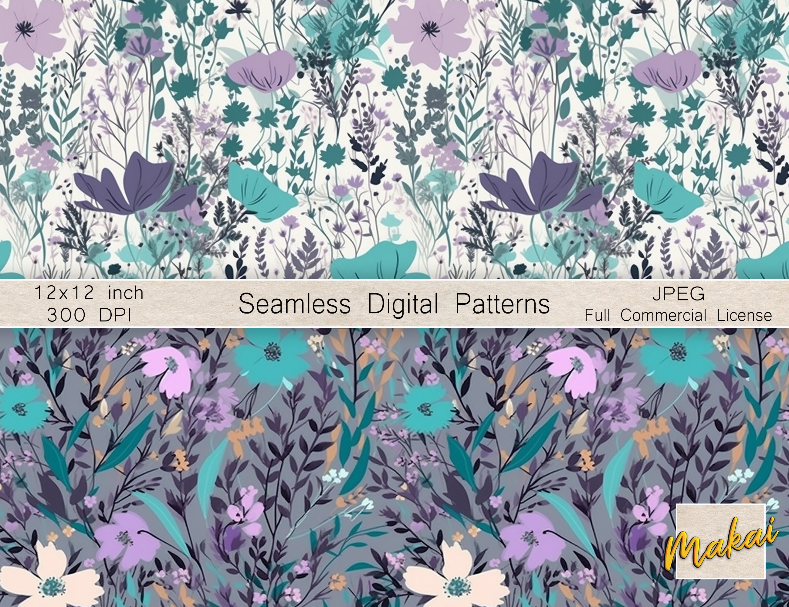 12 Seamless Digital Papers, Boho Teal and Purple Flowers, Use for Cards ...