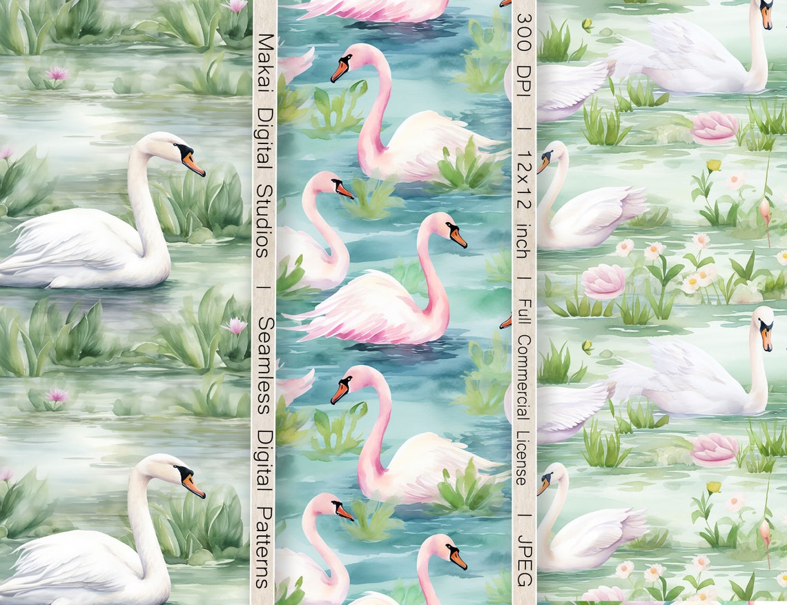 12 Digital Seamless Patterns, Watercolor Swans Repeating Background ...