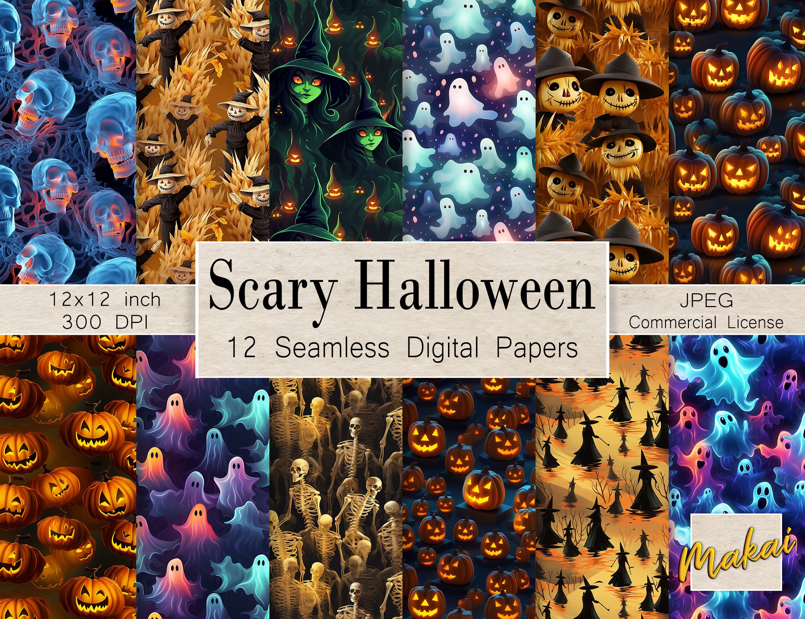 3D Scary Halloween Patterns, 12 Seamless Digital Patterns, for Social ...