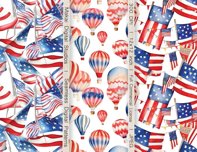 12 Seamless Digital Patterns, 4th of July Celebration, Use for Cards ...