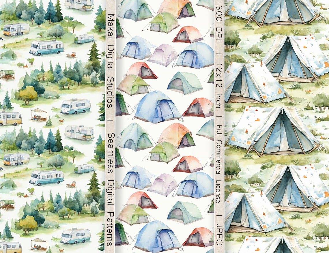 Summer Camping Patterns, 12 Seamless Digital Patterns, Use for Journals ...