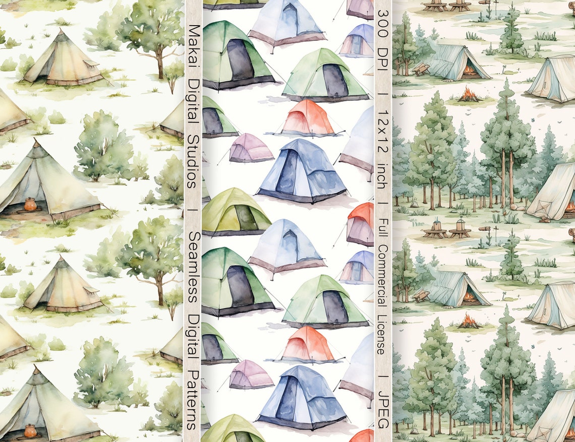 Summer Camping Patterns, 12 Seamless Digital Patterns, Use for Journals ...